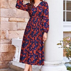 GRACE KARIN 2023 Women's Floral Print Dress V Neck Long Lantern Sleeve Bohemian Dress Elegant Flowy Dress Navy Blue XL