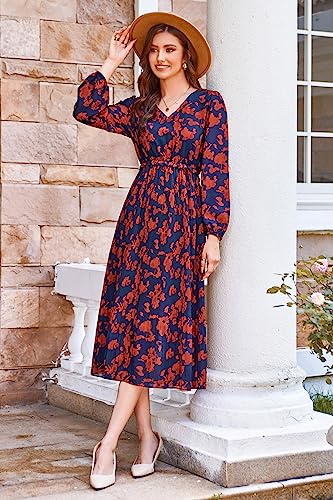 GRACE KARIN 2023 Women's Floral Print Dress V Neck Long Lantern Sleeve Bohemian Dress Elegant Flowy Dress Navy Blue XL