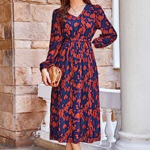 GRACE KARIN 2023 Women's Floral Print Dress V Neck Long Lantern Sleeve Bohemian Dress Elegant Flowy Dress Navy Blue XL