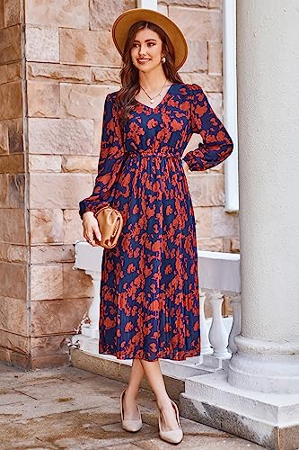 GRACE KARIN 2023 Women's Floral Print Dress V Neck Long Lantern Sleeve Bohemian Dress Elegant Flowy Dress Navy Blue XL