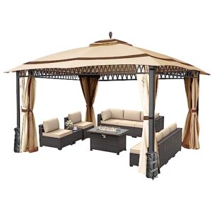 charmeleon 11x13 gazebo for patio, gazebo with curtains & netting & sandbags, double tier roof with herringbone beam marquee canopy for garden, deck, backyard, lawn (khaki)