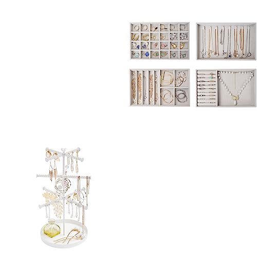 ProCase Set of 4 Stackable Jewelry Organizer Trays Bundle with 3 Tier Necklace Organizer Jewelry Tree