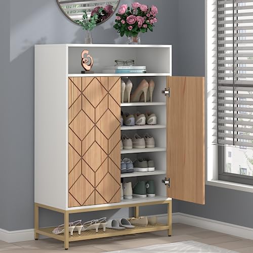 Gyfimoie Shoe Organizer with Doors, Shoe Storage Cabinet with Adjustable Shelves for Entryway, 7-Tier Entryway Shoe Rack Storage for Hallway, Closet, Living Room (White)