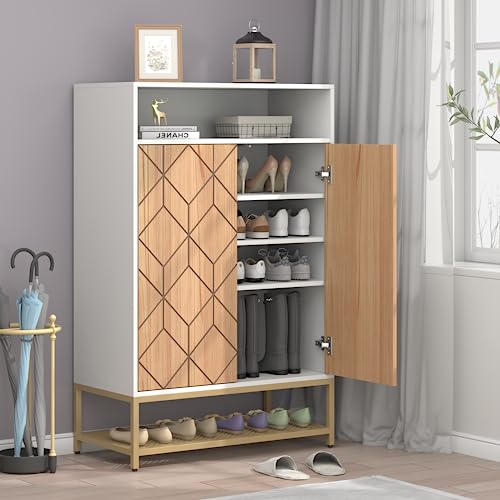 Gyfimoie Shoe Organizer with Doors, Shoe Storage Cabinet with Adjustable Shelves for Entryway, 7-Tier Entryway Shoe Rack Storage for Hallway, Closet, Living Room (White)