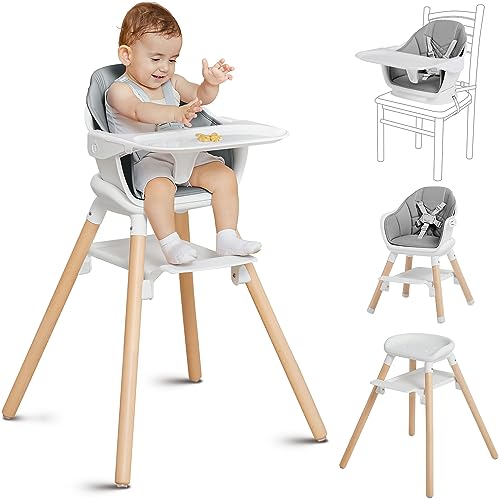 Wooden Baby High Chair, 11 in 1 Convertible Chair for High Chair, Booster Seat, Toddler Chair, for 2 Babies Use Together, Double Tray Highchair with 5-Point Harness & Clean Easily PU Cushion