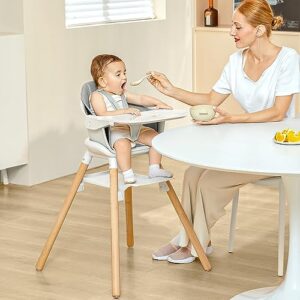 Wooden Baby High Chair, 11 in 1 Convertible Chair for High Chair, Booster Seat, Toddler Chair, for 2 Babies Use Together, Double Tray Highchair with 5-Point Harness & Clean Easily PU Cushion