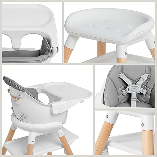 Wooden Baby High Chair, 11 in 1 Convertible Chair for High Chair, Booster Seat, Toddler Chair, for 2 Babies Use Together, Double Tray Highchair with 5-Point Harness & Clean Easily PU Cushion