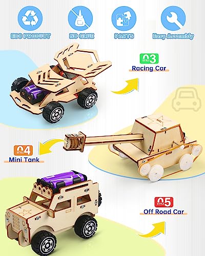 STEM Kits, 5 SSTEM Projects for Kids Ages 8-12, Wooden Model Car Kits, Gifts for Boys 8-12, 3D Puzzles, Science Educational Crafts Building Kit, Toys for 8 9 10 11 12 Year Old Boys and Girls