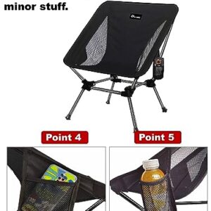 DRAXDOG Camping Chair, 2 Way Compact Backpacking Chair, Portable Folding Chair, Beach Chair with Side Pocket, Lightweight Hiking Chair Low Back Chair 002 (Black Set)