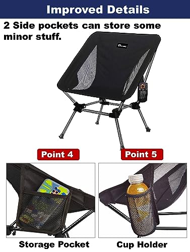 DRAXDOG Camping Chair, 2 Way Compact Backpacking Chair, Portable Folding Chair, Beach Chair with Side Pocket, Lightweight Hiking Chair Low Back Chair 002 (Black Set)