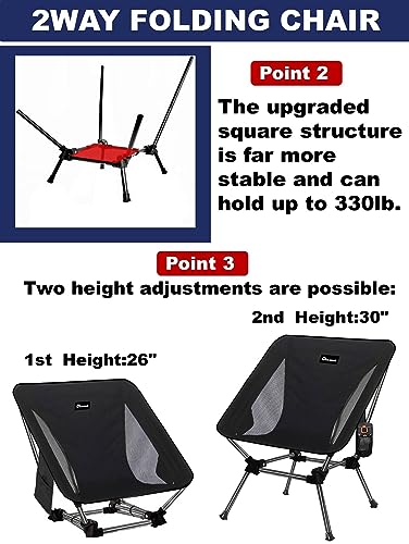 DRAXDOG Camping Chair, 2 Way Compact Backpacking Chair, Portable Folding Chair, Beach Chair with Side Pocket, Lightweight Hiking Chair Low Back Chair 002 (Black Set)