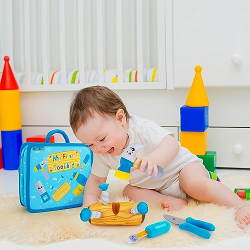 teytoy My 1st Toolbox Playset, Baby Tool Set for 1 Year Old, Pretend Play Construction Toy with Zippered Tool Box, Montessori Stem Plush Tool Kit Toys Birthday Gift for Toddlers Girls Boys