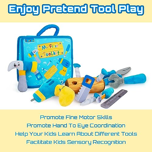 teytoy My 1st Toolbox Playset, Baby Tool Set for 1 Year Old, Pretend Play Construction Toy with Zippered Tool Box, Montessori Stem Plush Tool Kit Toys Birthday Gift for Toddlers Girls Boys