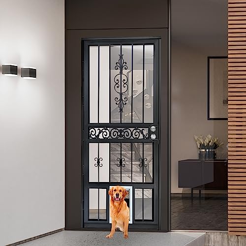 Grisham (Right-Handed) 36" x 80" Metal Tempered Glass Doors Embedded Dog Door and Screen Replacement, Security Front Door, Storm Door