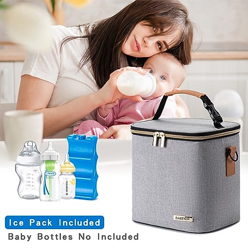 BABEYER Breastmilk Cooler Bag with Ice Pack Fits 6 Baby Bottles Up to 9 Ounce, Baby Bottle Bag with Shoulder Strap for Nursing Mom Daycare, Grey