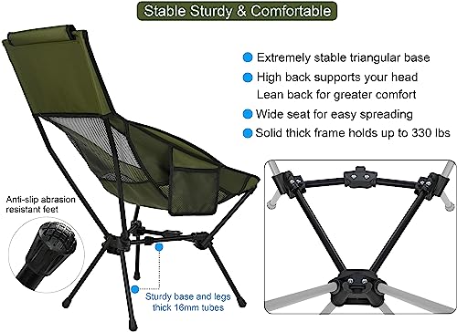 MARCHWAY Lightweight Folding High Back Camping Chair with Head Support, Stable Portable Compact for Outdoor Camp, Travel, Beach, Picnic, Festival, Hiking, Backpacking (Green)