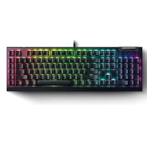 razer blackwidow v4 x - mechanical gaming keyboard: yellow switches linear & silent - 6 dedicated macro keys - chroma rgb - doubleshot abs keycaps - media controls - sound dampening & stabilizers