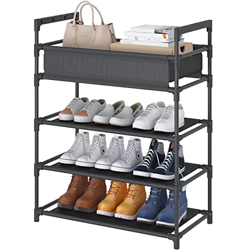 Boeeoan 4-Tier Stackable Shoe Rack Plus Storage Bag, sturdy Shoe Shelf, Non-woven Fabric Shoe Shelf with Storage Organizer, Black