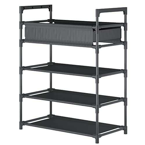 Boeeoan 4-Tier Stackable Shoe Rack Plus Storage Bag, sturdy Shoe Shelf, Non-woven Fabric Shoe Shelf with Storage Organizer, Black