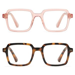 amomoma 2pack retro thin square reading glasses for women men,women's blue light computer reader am6105 crystal brown+tortoise 1.5