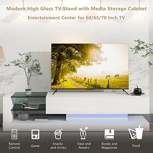 BAMACAR LED Long TV Stand For 80 Inch TV, Stand TV 70 Inch Modern White Entertainment Center With Storage, 70 75 80 Inch TV Stands For Living Room, TV Stand with Storage Large TV Stand with 75 Inch TV