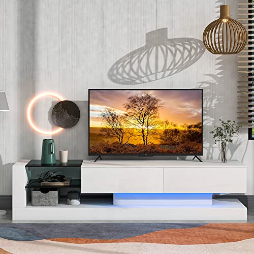 BAMACAR LED Long TV Stand For 80 Inch TV, Stand TV 70 Inch Modern White Entertainment Center With Storage, 70 75 80 Inch TV Stands For Living Room, TV Stand with Storage Large TV Stand with 75 Inch TV