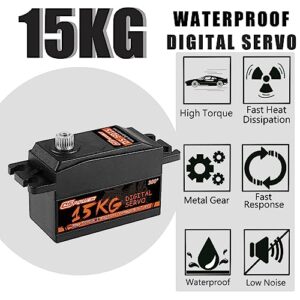 DSPOWER 15KG RC Waterproof Low Profile Servo, High Torque Metal Gear Short Body Digital Servos Motor with 25T Metal Arm for 1/8 1/10 1/12 RC Car Baja Boat Drones Aircraft Helicopter Robot (Black-300°)