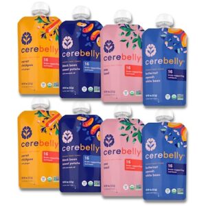 cerebelly baby food pouches - organic beans & veggies purees variety pack (4 oz, pack of 8) toddler snacks - 16 brain-supporting nutrients - healthy snacks, gluten-free, bpa-free, non-gmo