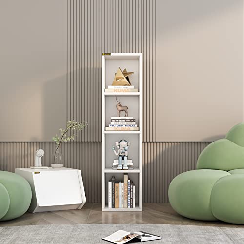 MIN WIN 4-Tier Narrow Bookcase Bookshelf, 4-Tier Cubby Storage Shelf Bookshelf, 4-Shelf Open Shelf Bookcase, Tall Narrow Cube Display Storage Shelves, Small Spaces, White