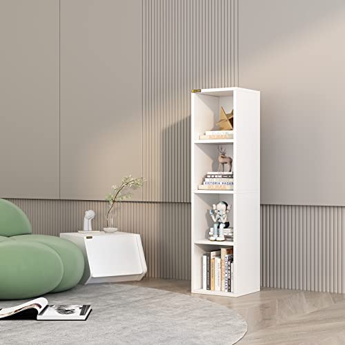 MIN WIN 4-Tier Narrow Bookcase Bookshelf, 4-Tier Cubby Storage Shelf Bookshelf, 4-Shelf Open Shelf Bookcase, Tall Narrow Cube Display Storage Shelves, Small Spaces, White