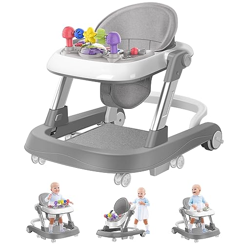 Baby Walker with Wheels, 2-in-1 Activity Walker Learning-Seated, Walk-Behind, Removable Play Tray, Adjustable Height & Speed, Foldable Baby Walker for Boys and Girls from 6-18 Months with Footrest…