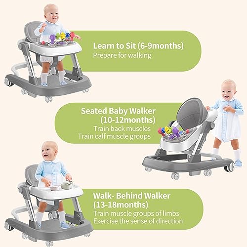 Baby Walker with Wheels, 2-in-1 Activity Walker Learning-Seated, Walk-Behind, Removable Play Tray, Adjustable Height & Speed, Foldable Baby Walker for Boys and Girls from 6-18 Months with Footrest…