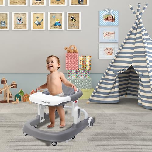 Baby Walker, 3-Gear Height Adjustable Foldable Infant Toddler Walker with Foot Pads, Baby Walker with Wheels, Baby Walkers and Activity Center, Baby Walkers for Baby Boys and Baby Girls 6-24 Months