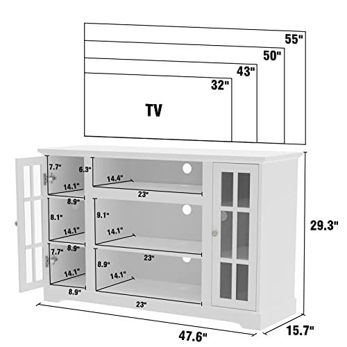 HolliWill 48" Glass Door TV Stand, White TV Stand for 55 inch TV, Farmhouse TV Stand with Storage Cabinet, Small Entertainment Center and Ideal Media Storage for Living Room