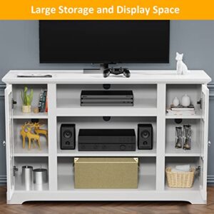 HolliWill 48" Glass Door TV Stand, White TV Stand for 55 inch TV, Farmhouse TV Stand with Storage Cabinet, Small Entertainment Center and Ideal Media Storage for Living Room