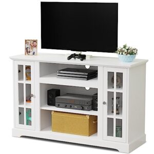 HolliWill 48" Glass Door TV Stand, White TV Stand for 55 inch TV, Farmhouse TV Stand with Storage Cabinet, Small Entertainment Center and Ideal Media Storage for Living Room