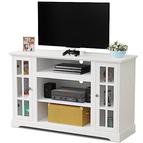 HolliWill 48" Glass Door TV Stand, White TV Stand for 55 inch TV, Farmhouse TV Stand with Storage Cabinet, Small Entertainment Center and Ideal Media Storage for Living Room