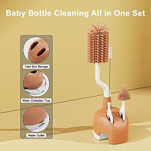 ePiiChua Silicone Bottle Brush Set with Stand, 360° Rotating Silicone Bottle Cleaning Brush Cleaner Set, Long Handle 3 in 1 Multipurpose Silicone Baby Bottle Gap Cap Cleaner Brush (Orange)