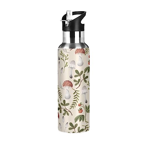 Kigai Mushroom Pattern Stainless Steel Sports Water Bottle BPA-Free Vacuum Insulated Leakproof Wide Mouth Flask with Straw Lid Keeps Liquids Cold or Hot for Gym Travel Camping