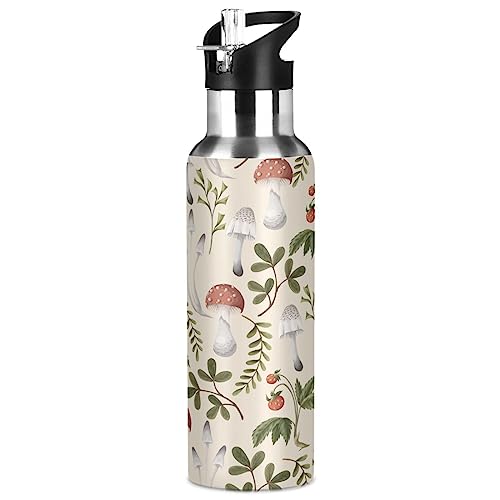 Kigai Mushroom Pattern Stainless Steel Sports Water Bottle BPA-Free Vacuum Insulated Leakproof Wide Mouth Flask with Straw Lid Keeps Liquids Cold or Hot for Gym Travel Camping