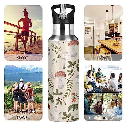 Kigai Mushroom Pattern Stainless Steel Sports Water Bottle BPA-Free Vacuum Insulated Leakproof Wide Mouth Flask with Straw Lid Keeps Liquids Cold or Hot for Gym Travel Camping