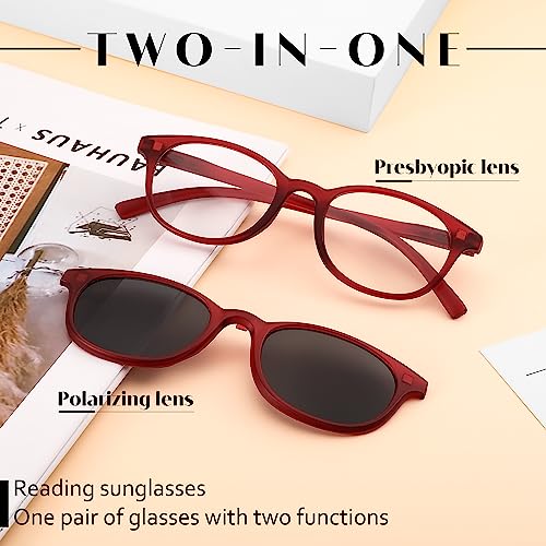 FEISEDY Fashion Reading Sunglasses Women Men Square Reader Sunglasses UV400 Protection Polarized Lens B2390（Red,1.50x）