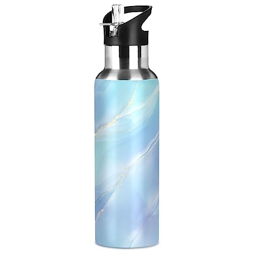 Kigai Blue Gold Marble Stainless Steel Sports Water Bottle BPA-Free Vacuum Insulated Leakproof Wide Mouth Flask with Straw Lid Keeps Liquids Cold or Hot for Gym Travel Camping