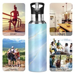 Kigai Blue Gold Marble Stainless Steel Sports Water Bottle BPA-Free Vacuum Insulated Leakproof Wide Mouth Flask with Straw Lid Keeps Liquids Cold or Hot for Gym Travel Camping