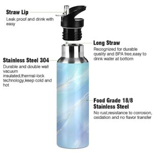 Kigai Blue Gold Marble Stainless Steel Sports Water Bottle BPA-Free Vacuum Insulated Leakproof Wide Mouth Flask with Straw Lid Keeps Liquids Cold or Hot for Gym Travel Camping