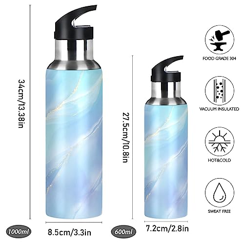 Kigai Blue Gold Marble Stainless Steel Sports Water Bottle BPA-Free Vacuum Insulated Leakproof Wide Mouth Flask with Straw Lid Keeps Liquids Cold or Hot for Gym Travel Camping