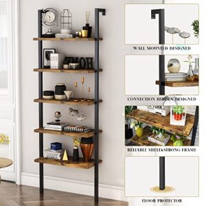 AWQM 2PCS Ladder Bookshelf, 5-Tier Bookcase Wall Mounted Bookshelf with Metal Frame,Modern Ladder Shelf Bookcase Wall Shelves Open Display Storage Shelves for Home, Office,Black & Walnut