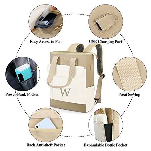 LOKASS Laptop Backpack Purse for Women-Laptop Tote Bag with USB Charging Port- 15.6 Inch Convertible Daypack Laptop Backpack for Women-Cute Waterproof Anti-theft Computer Backpack for College/Travel/Work-Personalized Initial Printed-G (Beige )