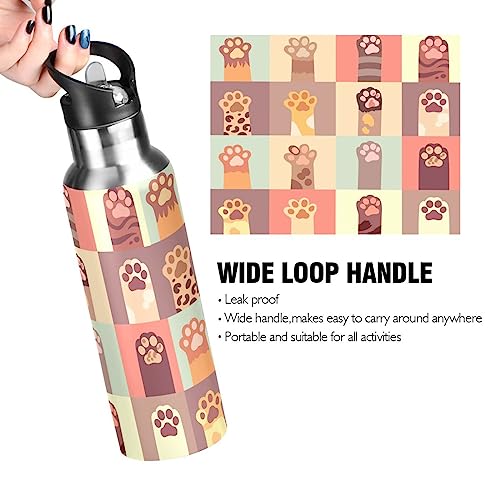 Kigai Cute Cat Paws Stainless Steel Sports Water Bottle BPA-Free Vacuum Insulated Leakproof Wide Mouth Flask with Straw Lid Keeps Liquids Cold or Hot for Gym Travel Camping