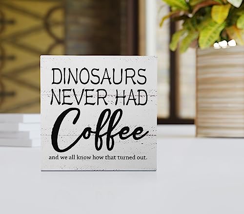 Dinosaurs Never Had Coffee Wood Box Sign Desk Decor,Funny Coffee Wooden Block Sign Decorations for Home Kitchen Office Cafe Coffee Bar Man Cave Wall Tabletop Shelf Decor